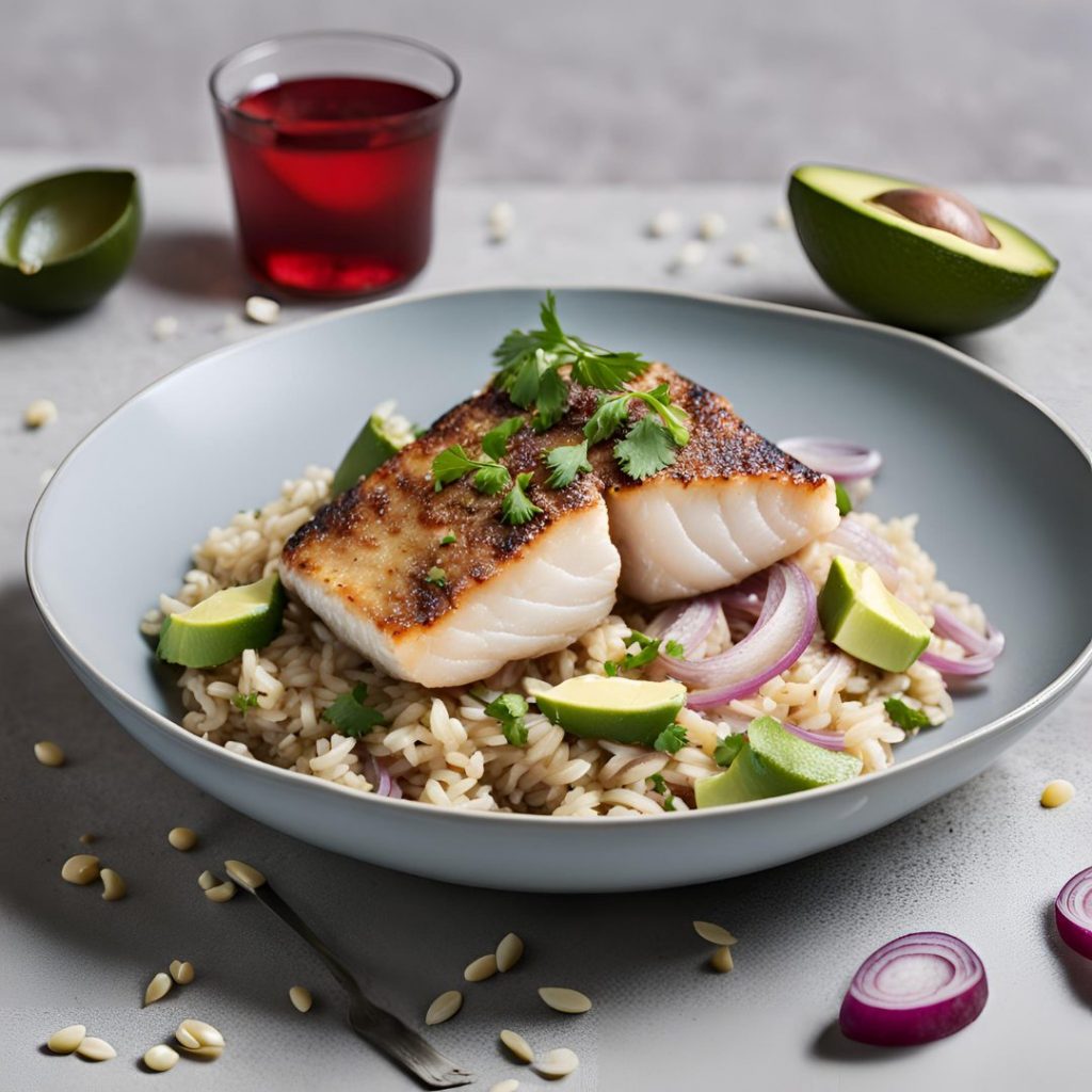 Merluza con Arroz Integral, Cebolla Morada y Aguacate – Transform by Paula